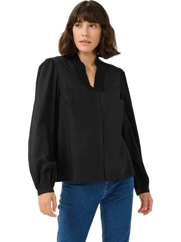 KAFFE Kamaia V-neck Pleated Long Sleeve Shirt - Black Deep