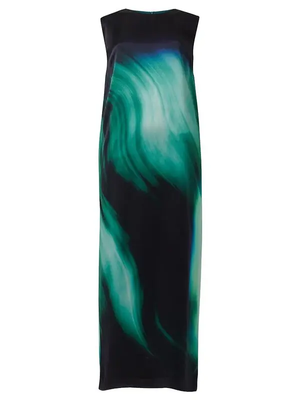 LEEM Sleeveless Printed Silk Midi Dress - Green