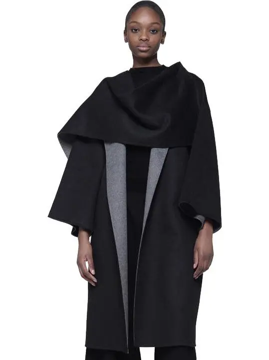 LEEM Reversible Wool-blend Cocoon Coat With Detachable Scarf - Black