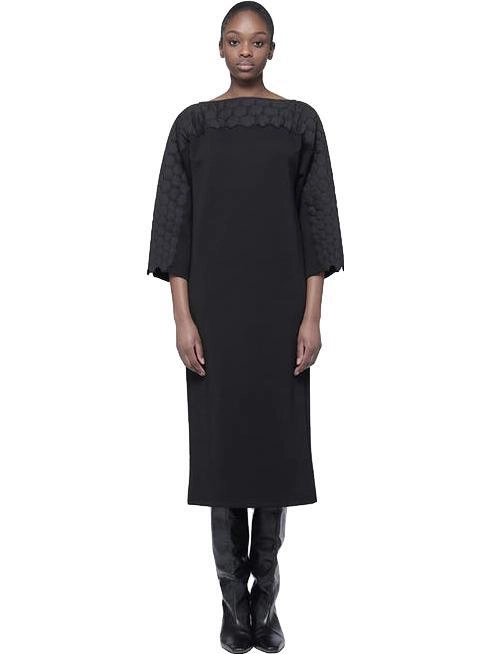 LEEM Quilted Embroidered Midi Dress - Black