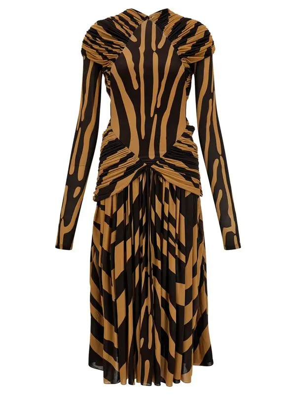 FERRAGAMO Jersey Dress With Zebra Print And Ruching - Brown