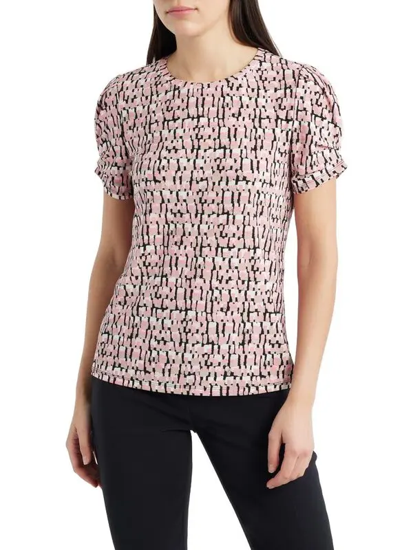Anne Klein Printed Pleat Short Sleeve Top - Calypso Coral Multi