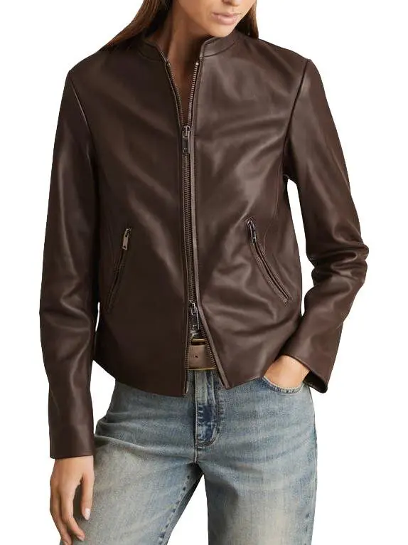 REISS Allie Leather Jacket - Chocolate Brown