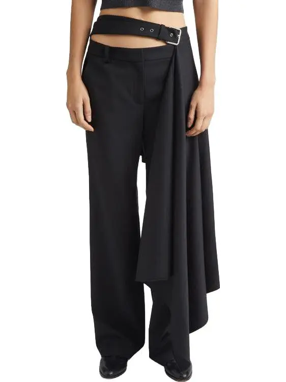 Monse Regular Fit Belted Pleated Stretch Virgin Wool Skirt Trousers - Black