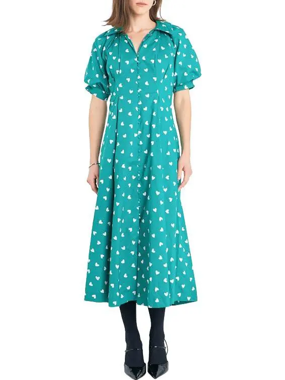 English Factory Heart Print Cotton Midi Dress - Green