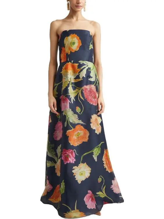 Carolina Herrera Poppy Print Strapless Silk Gown - Midnight Multi