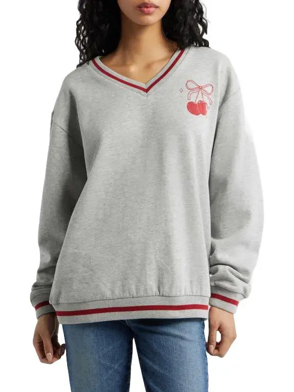 GOLDEN HOUR Heart Card Bow Ace V-neck Sweatshirt - Heather Gray