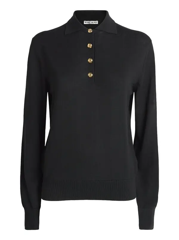 BLAZÉ MILANO Silk-cotton Long-sleeve Polo Shirt - Black