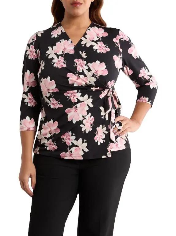 Anne Klein Floral Print Wrap Blouse - Anne Black Multi