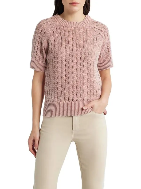 CITY BLUES Washed Openwork Knit Rib Short Sleeve Sweater - Conch