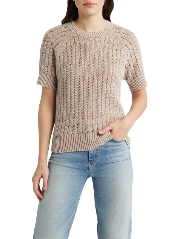 CITY BLUES Washed Openwork Knit Rib Short Sleeve Sweater - Latte