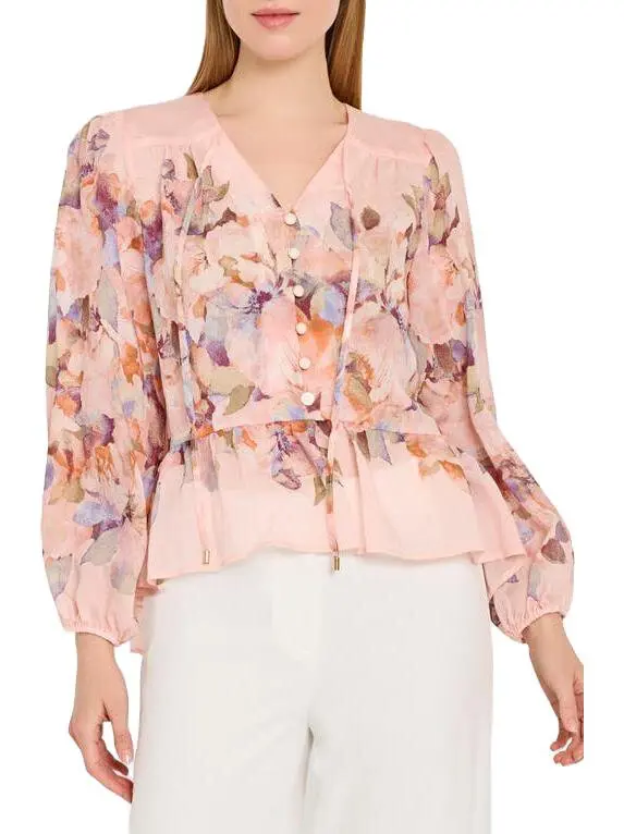 TAHARI ASL Floral Print Peplum Chiffon Top - Tea Rose Multi