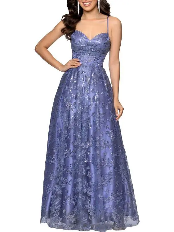 BLONDIE NITES Butterfly Motif Sequin Ballgown - Periwinkle
