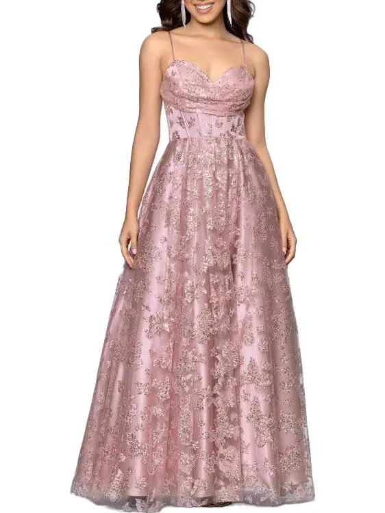 BLONDIE NITES Butterfly Motif Sequin Ballgown - Rose