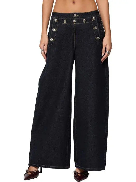 EDIKTED Frida Low Rise Wide Leg Jeans - Dark-blue