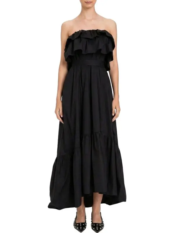 TWINSET Asymmetrical Stretch Cotton Dress With Ruffles And Embroidery - Black