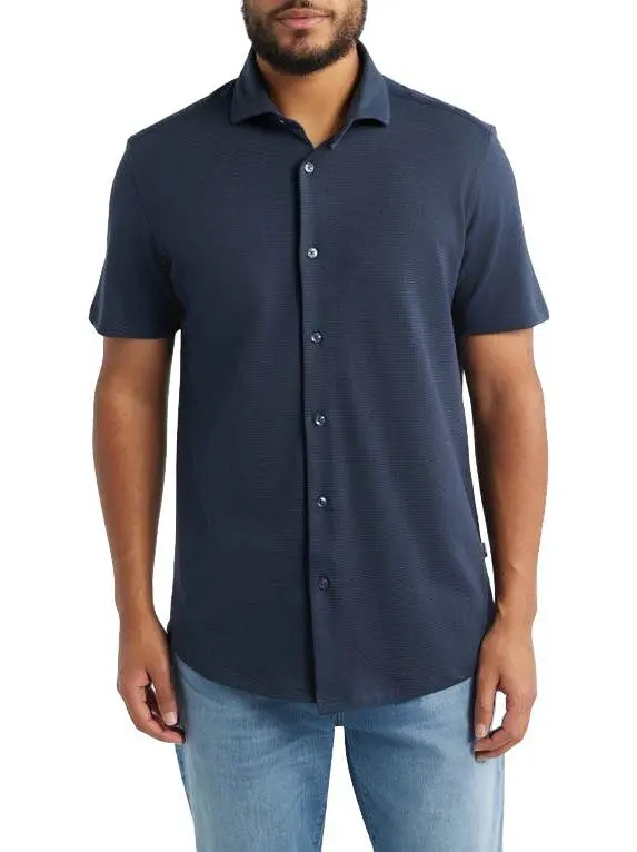 Stone Rose Technical Piqué Knit Short Sleeve Button-up Shirt - Navy