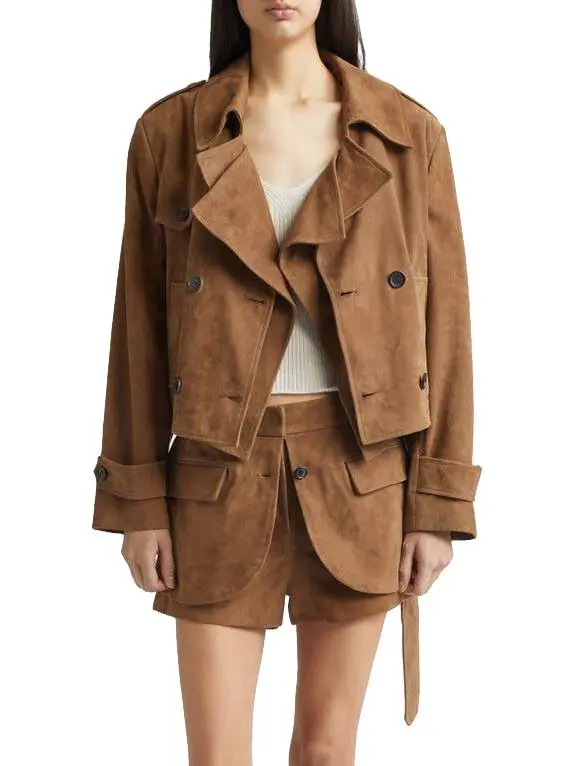 Monse Layered Lambskin Suede Crop Trench Coat - Tan