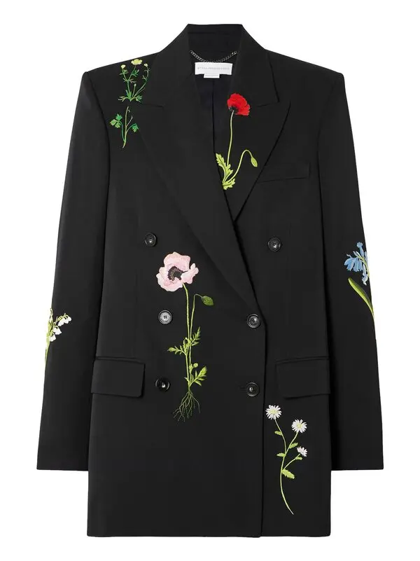 Stella McCartney Oversized Wool-twill Blazer With Floral Embroidery - Black