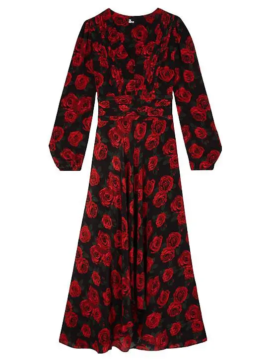 The Kooples Rose-print V-neck Maxi Dress - Black - Red