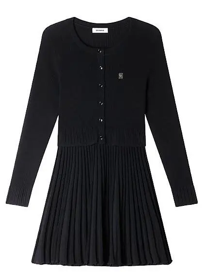 Sandro Pleated-skirt Round-neck Mini Dress - Black