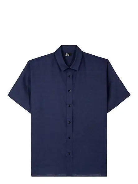 The Kooples Short-sleeved Brand-embroidered Linen Shirt - Navy