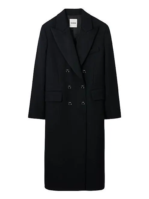 Sandro Double-breasted Wool-blend Coat With Satin Lapels - Black