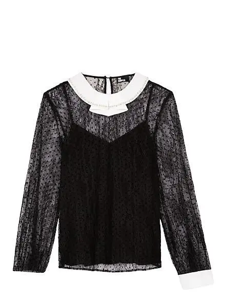 The Kooples Lace Contrast-collar Woven Top - Black