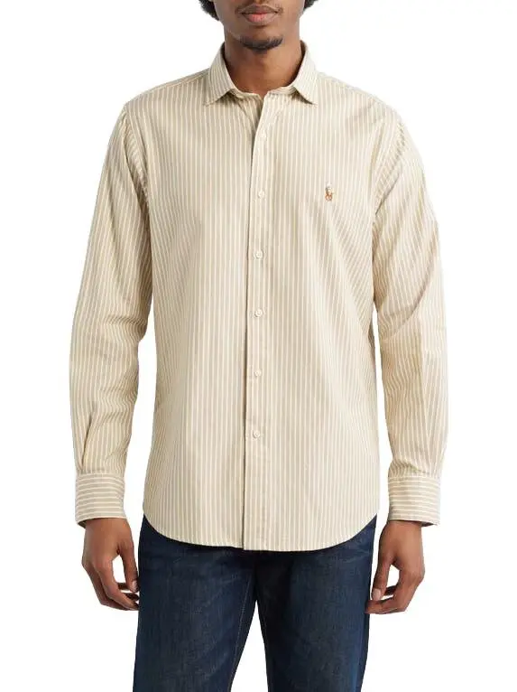 Polo Ralph Lauren Classic Fit Stripe Cotton Button-up Oxford Shirt - Coastal Beige White