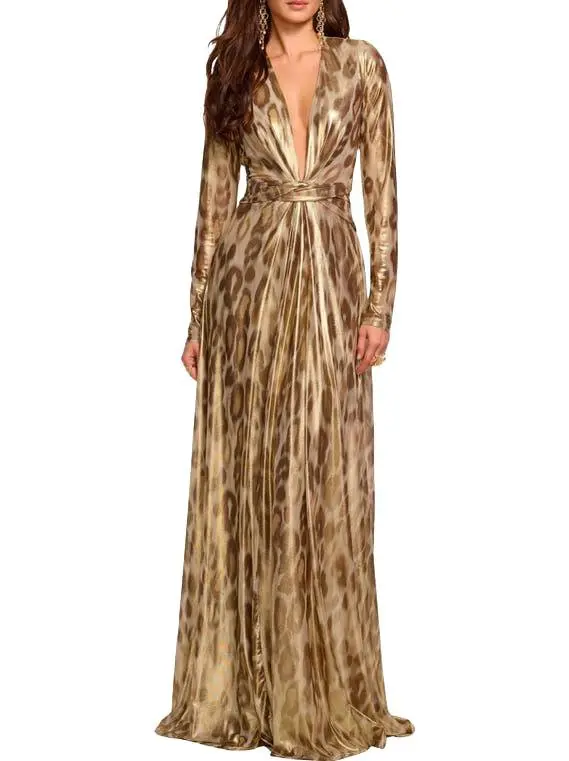 Ramy Brook Martini Metallic Leopard Print Gown - Gold Animal