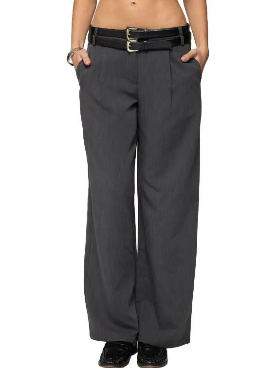 EDIKTED Low Rise Straight Leg Trousers With Double Belt - Gray-melange