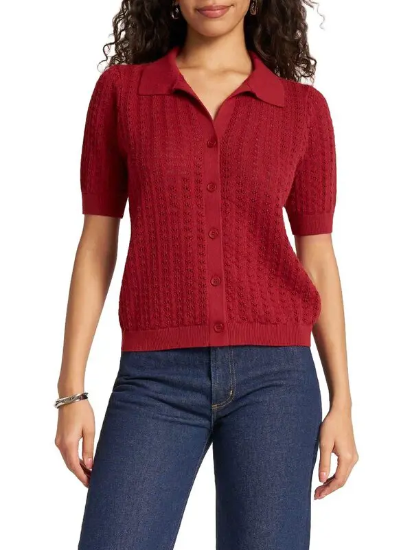 Matty M. Solana Pointelle Polo Cardigan - Cherry