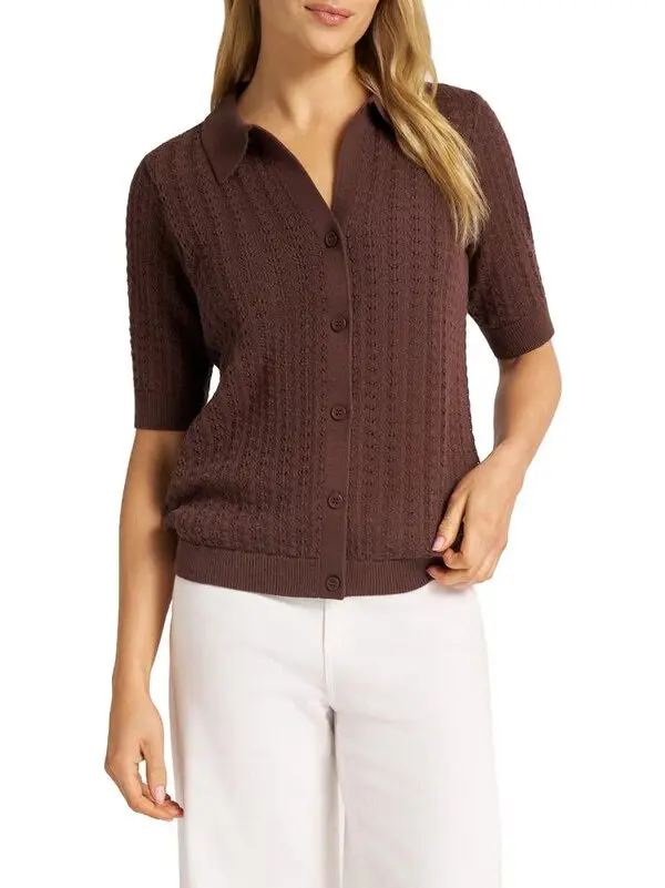 Matty M. Solana Pointelle Polo Cardigan - Chocolate