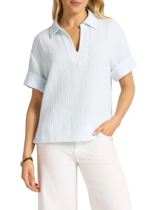 Matty M. Adrienne Gauze Polo Top - Sky