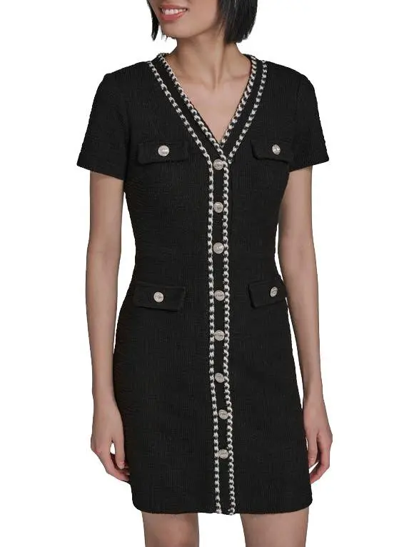 Karl Lagerfeld Braided Trim Tweed Sheath Dress - Black