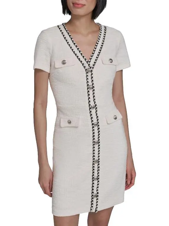 Karl Lagerfeld Braided Trim Tweed Sheath Dress - Soft White