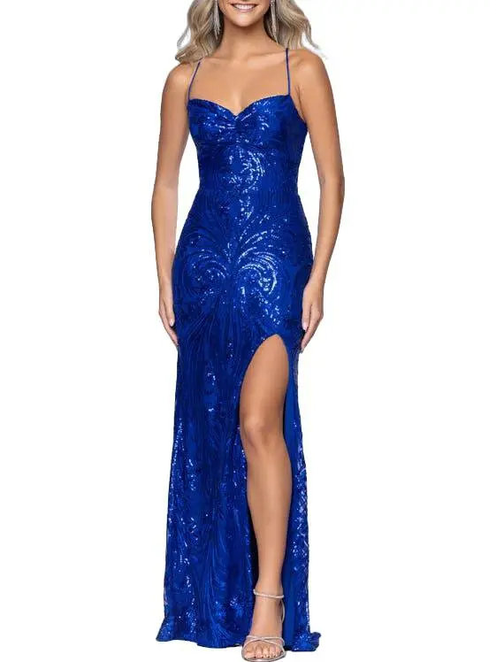BLONDIE NITES Sequin Sleeveless Gown - Royal