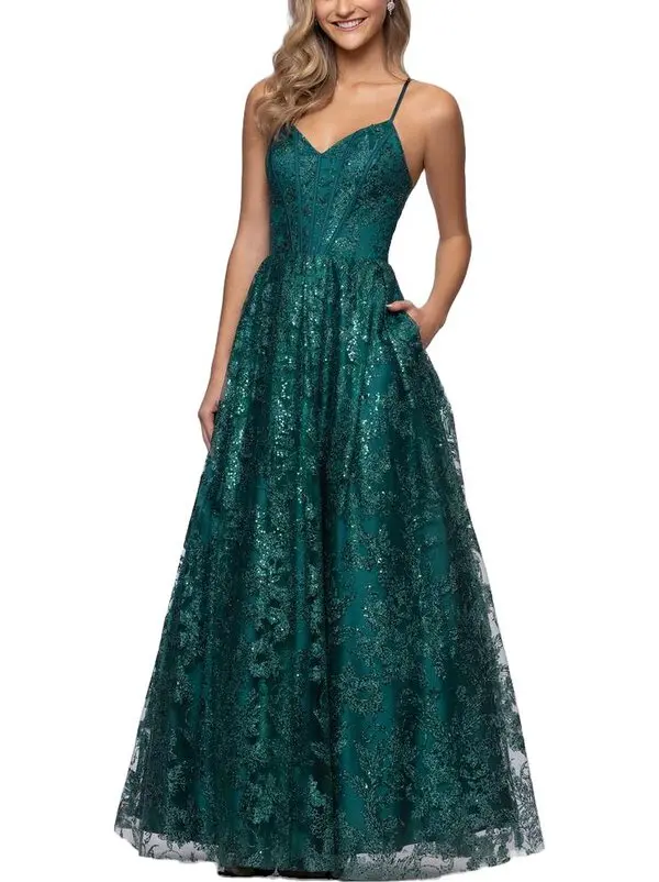 BLONDIE NITES Glitter Corset Sleeveless Gown - Teal