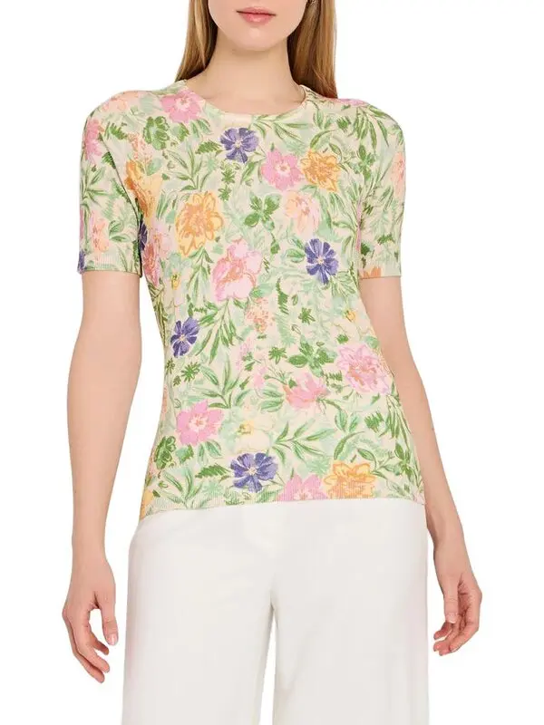TAHARI ASL Floral Printed Sweater - Beige Moss