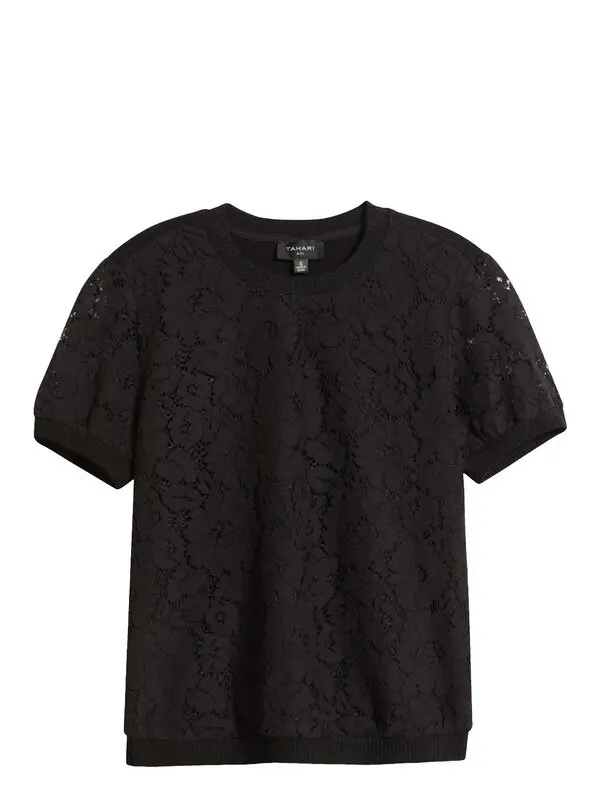 TAHARI ASL Lace Front Short-sleeve Sweater - Black