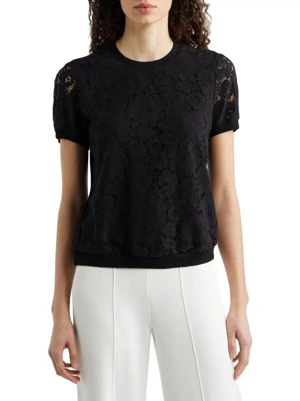TAHARI ASL Lace Front Short-sleeve Sweater - Black