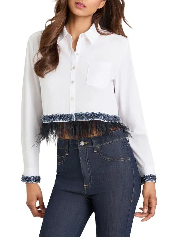 Cinq À Sept Sylvan Feather Sequin Crop Shirt - White/bluebell
