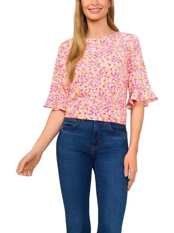 CECE DUPRAZ Floral Ruffle Sleeve Top - Pink Multi/new Ivory