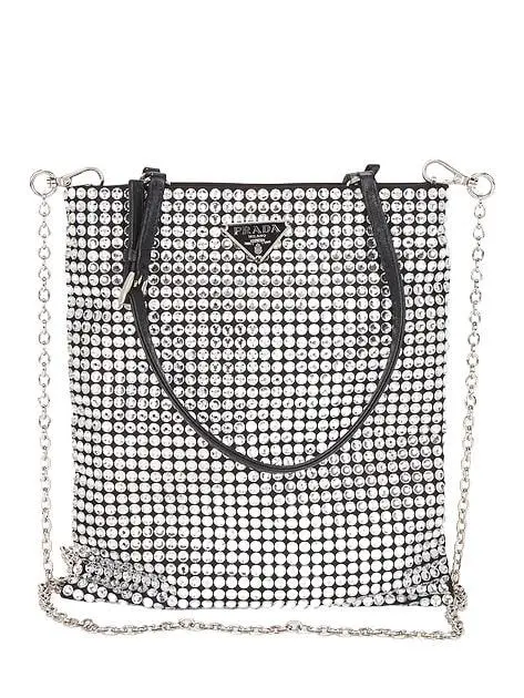 FWRD RENEW Prada Crystal Embellished Satin Tote Bag - Silver