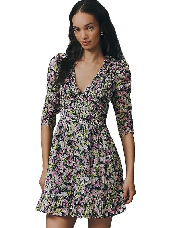 Anthropologie Peregre Long-sleeve V-neck Mini Dress - Purple Floral