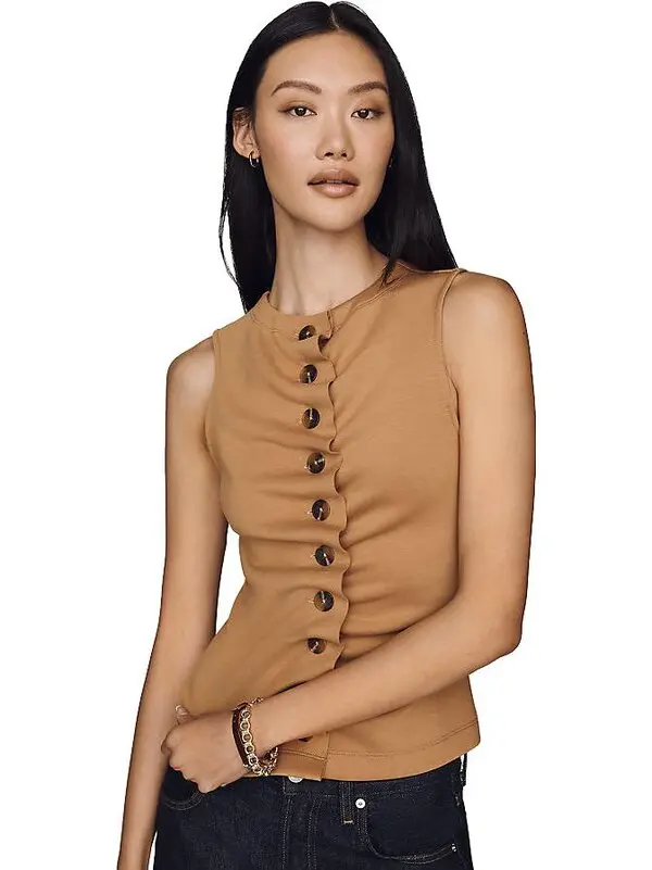 Anthropologie Ruched Sleeveless Buttondown Top - Camel