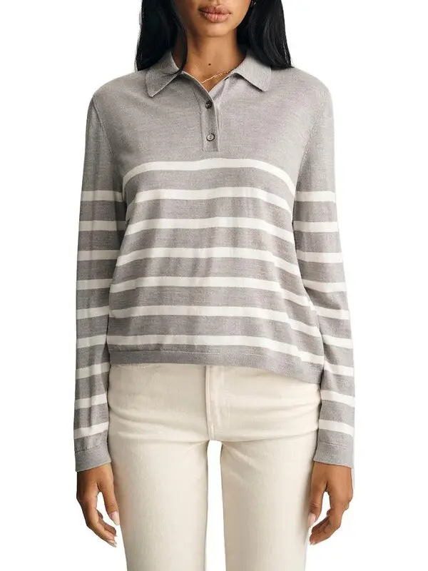 MAVI Stripe Wool Polo Sweater - Light Grey Melange Stripe