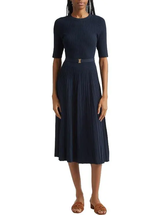 Veronica Beard Elthea Belted Rib Knit Midi Dress - Navy