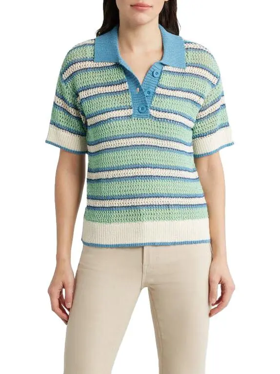 CITY BLUES Open Knit Polo Sweater - Sea Green/ocean