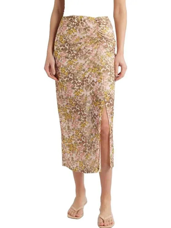 CITY BLUES Ruched Floral Midi Skirt - Dijon/conch